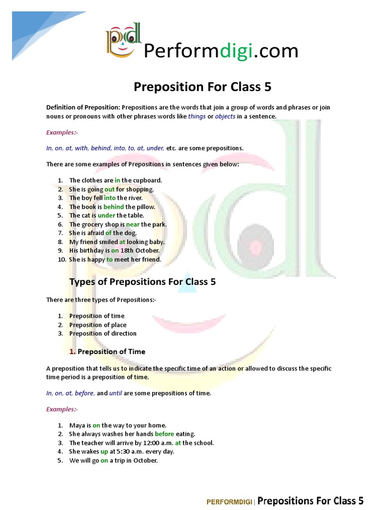 Prepositions For Class 5 | PDF | Preposition And Postposition | Word