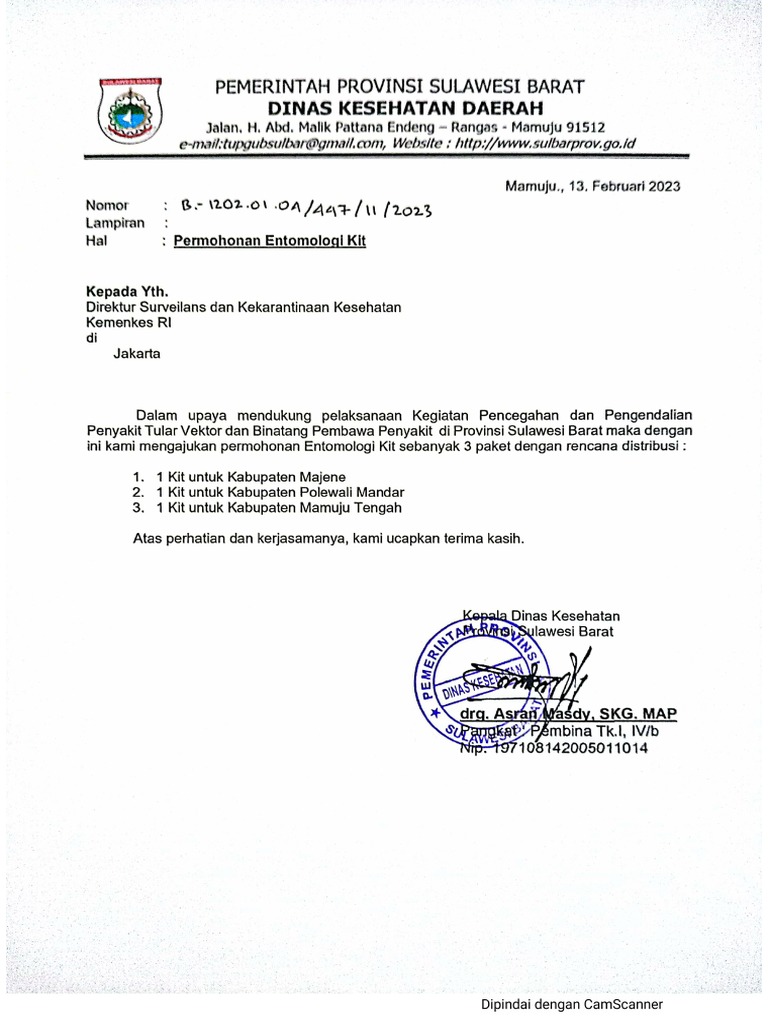 Surat Permohonan Ento Kit Prov. Sulbar | PDF