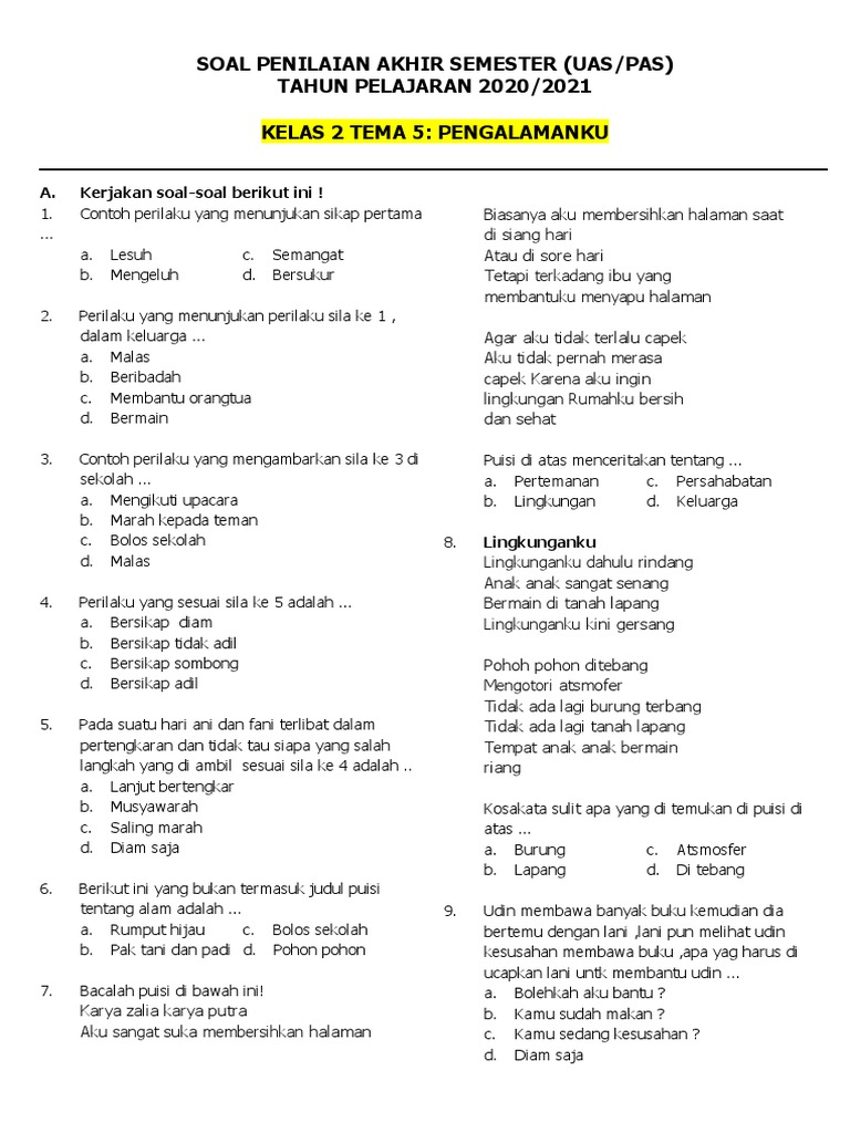 Soal PAS Kelas 2 Tema 5 - Kamimadrasah | PDF