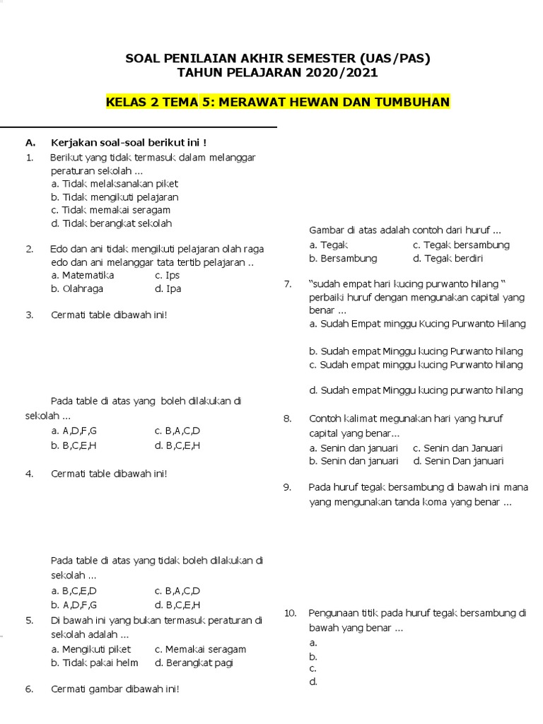 Soal PAS Kelas 2 Tema 6 - Kamimadrasah | PDF