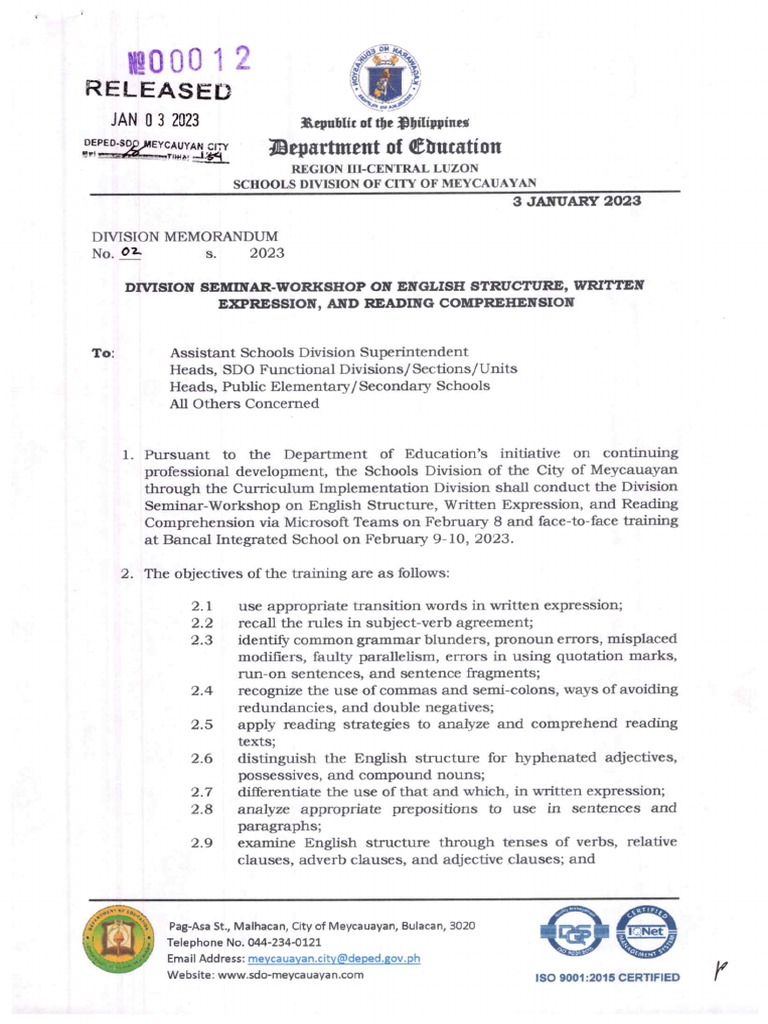 Division Memorandum No. 02 S. 2023 | PDF