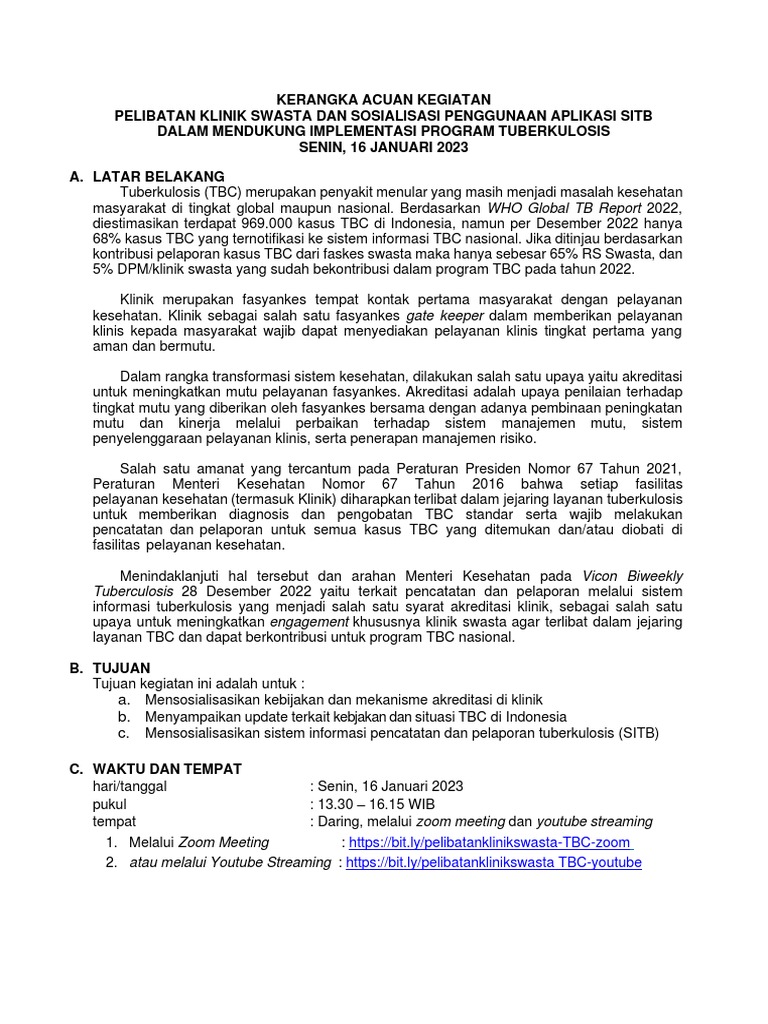 TOR Pelibatan Klinik Dan Sosialisasi Penggunaan SITB - 16 Jan | PDF