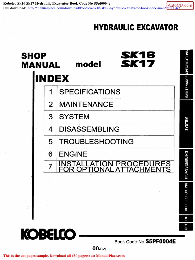 Kobelco Sk16 Sk17 Hydraulic Excavator Book Code No s5pf0004e | PDF