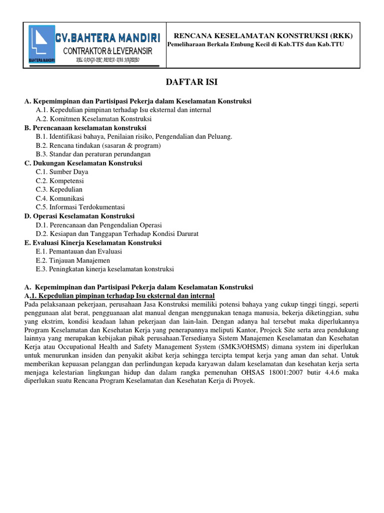 Daftar Isi: Rencana Keselamatan Konstruksi (RKK) | PDF