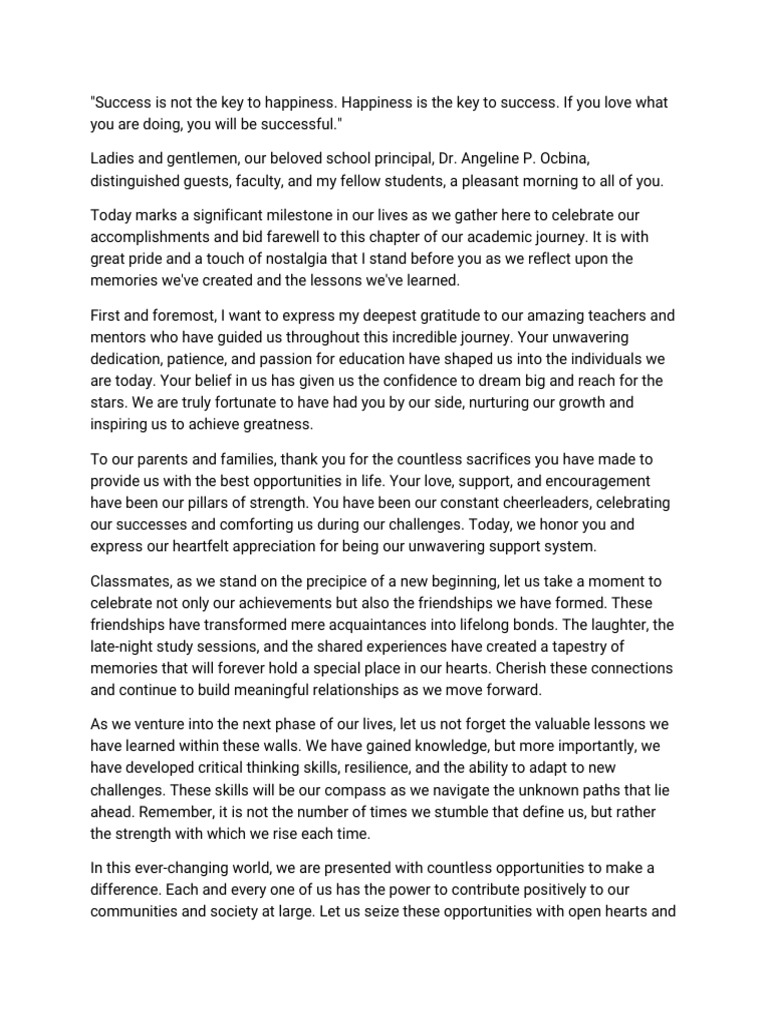 Valedictory Speech | PDF | Cognitive Science | Psychology