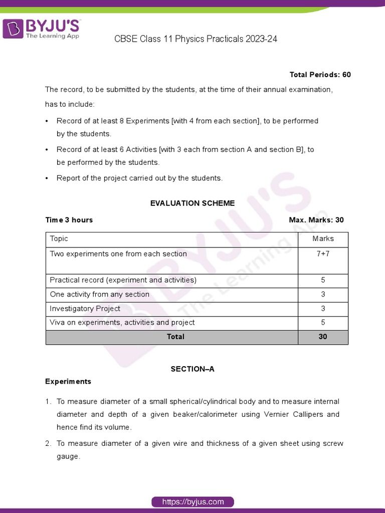 CBSE Class 11 Physics Practicals 2023 24 | PDF