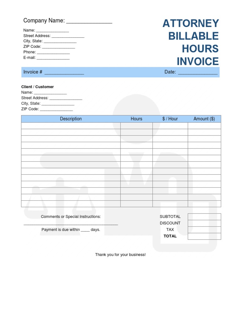 Attorney Billable Hours Invoice Template | PDF