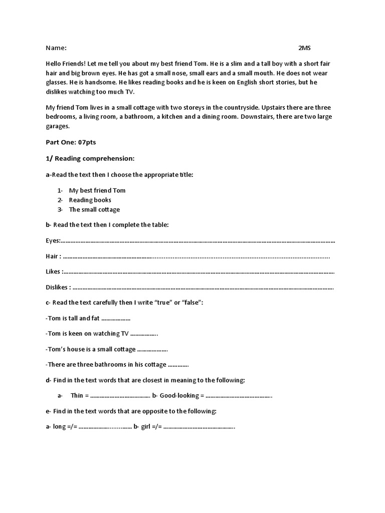 Part One: 07pts 1/ Reading Comprehension: A-: B-Read The Text Then I ...