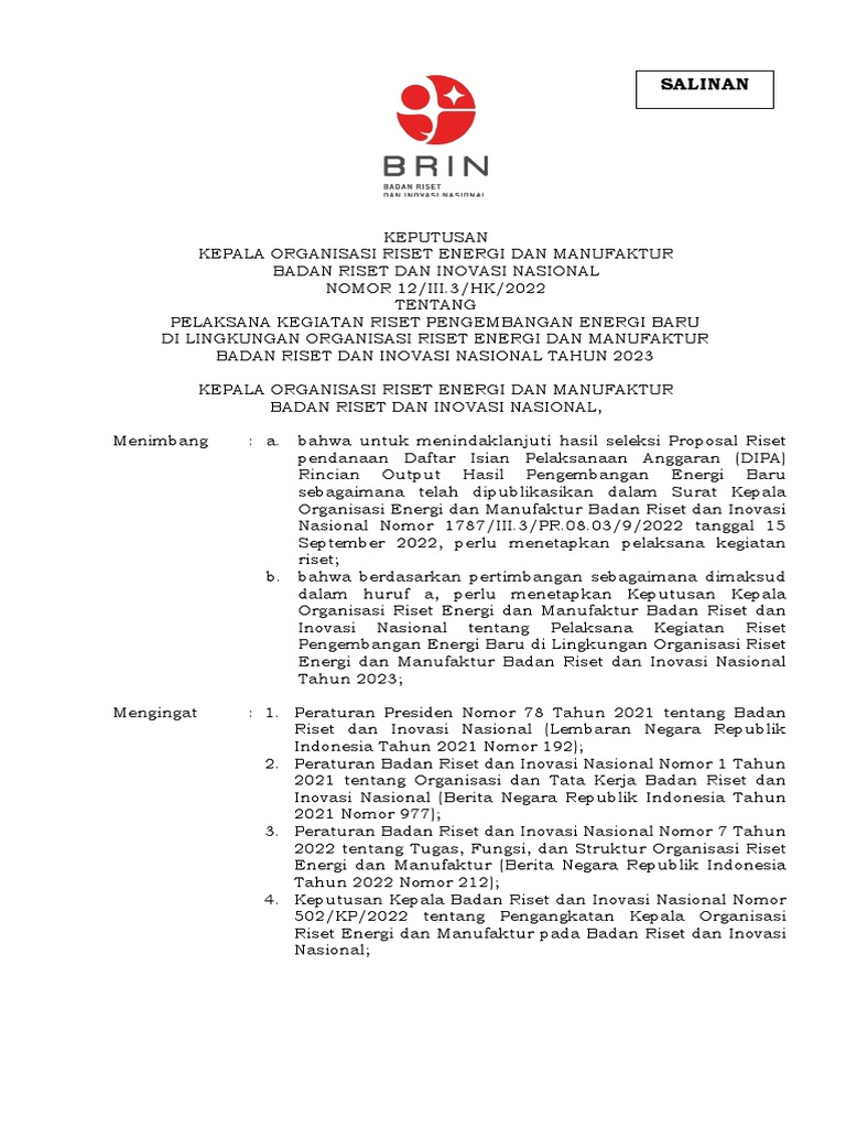 Salinan Keputusan (SK) Pelaksana Kegiatan Energi Baru 2023 | PDF