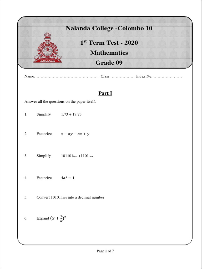 2020 Grade 09 Maths First Term Paper English Medium Nalanda College | PDF