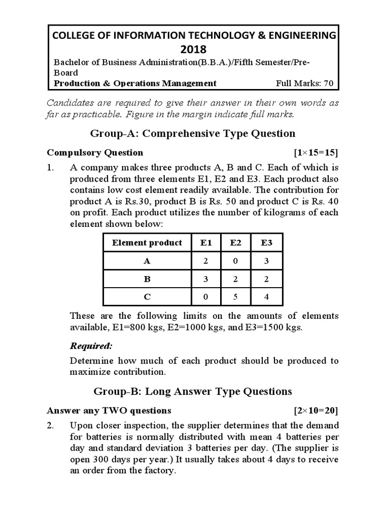 BBA V PRODUCTION & OPERATION MANAGEMENT.. | PDF | Sampling (Statistics ...