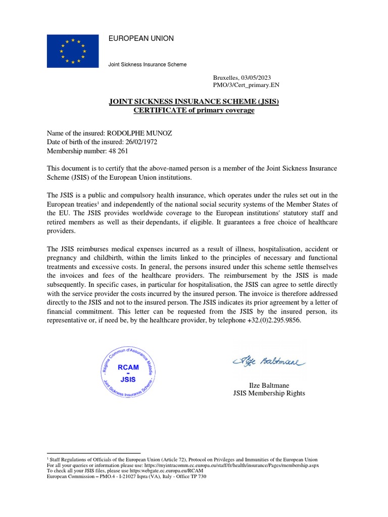 JSIS Certificate Primary | PDF | Insurance | European Union