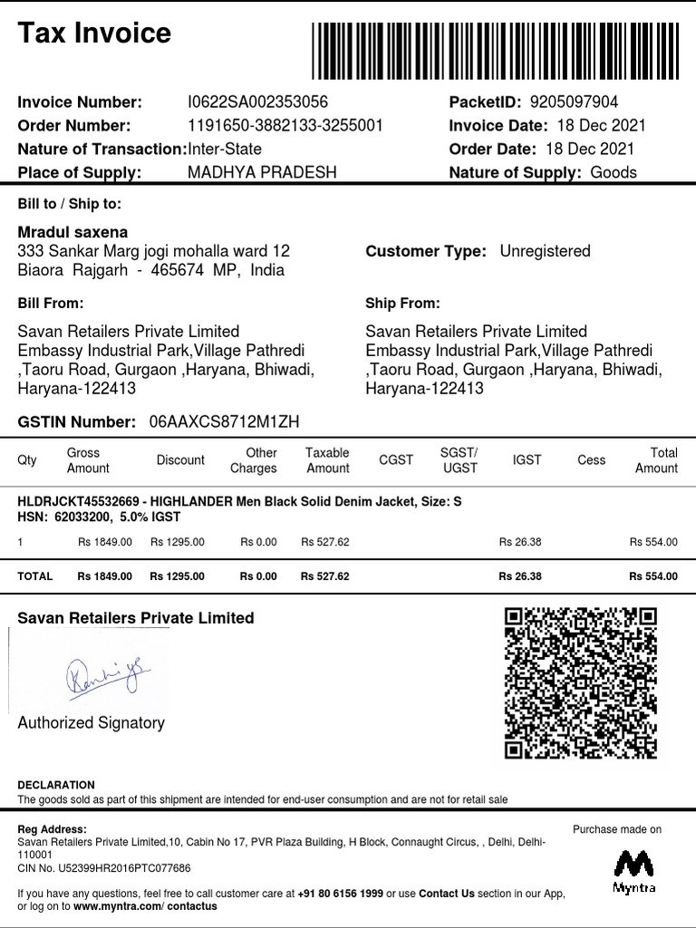 Bill To / Ship To:: Qty Gross Amount Discount Other Charges Taxable Amount CGST SGST/ Ugst Igst ...