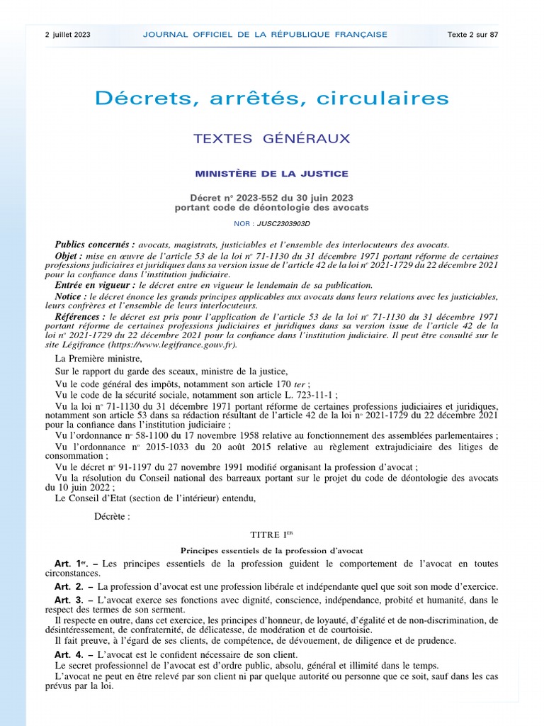 D Cret Du 30 Juin 2023 Code D Ontologie Avocats 1688312167 | PDF