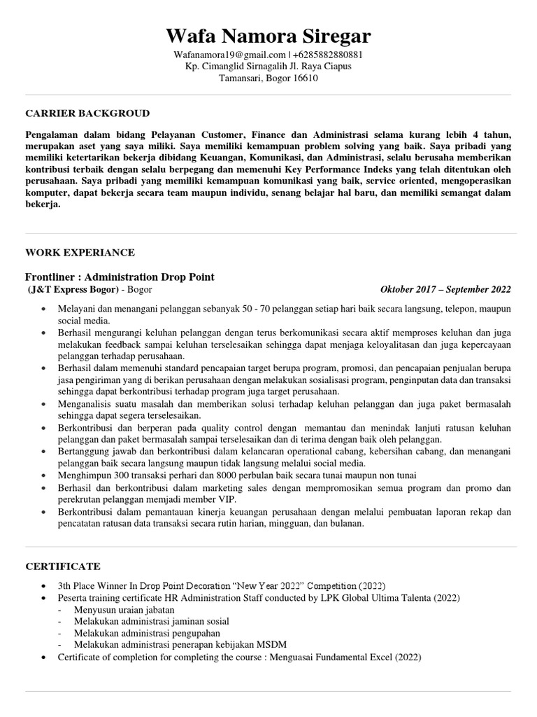 CV Teller Wafa Namora Siregar | PDF