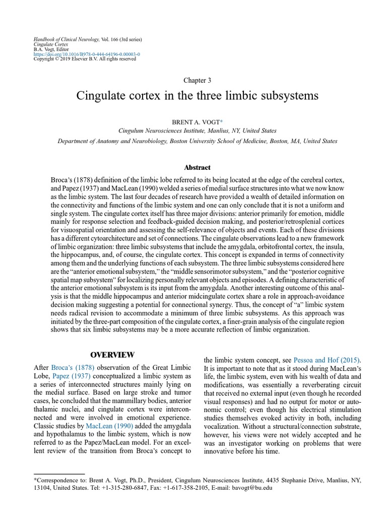 Cingulate Cortex in The Three Limbic Subsystems | PDF | Limbic System ...