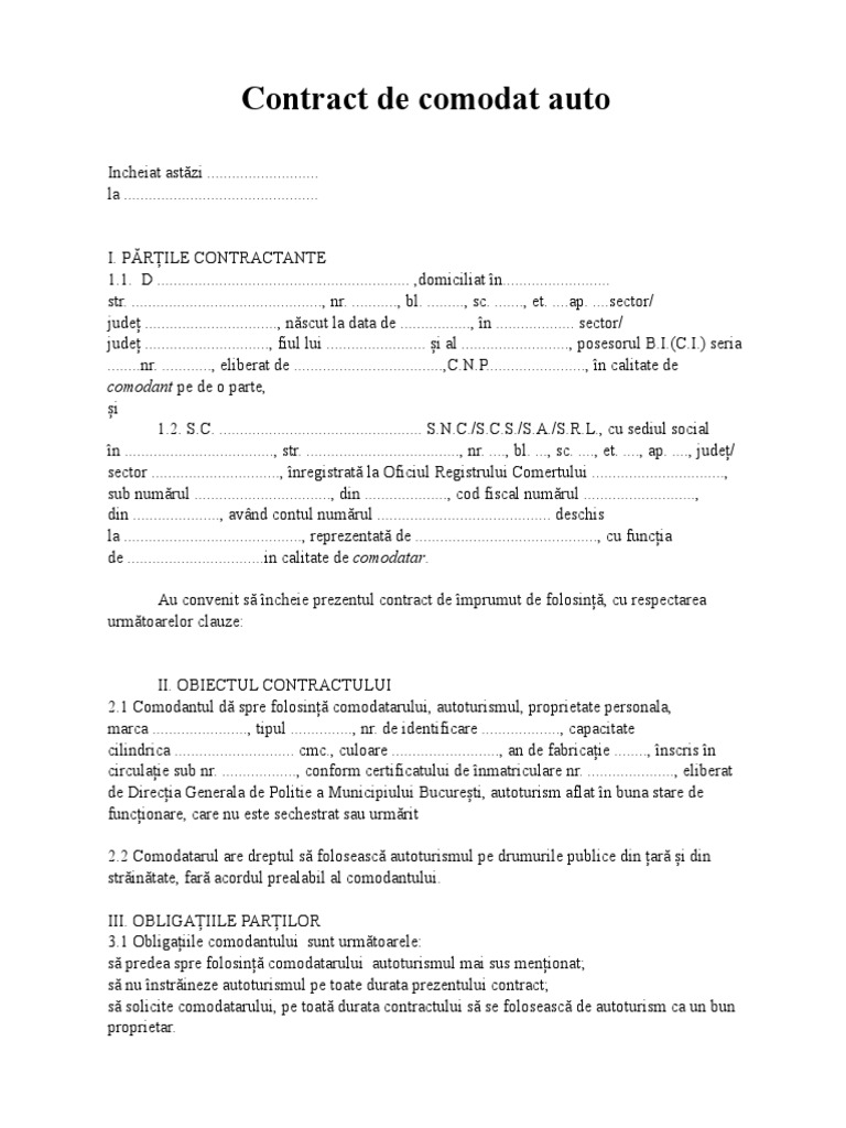 Contract de Comodat Auto | PDF