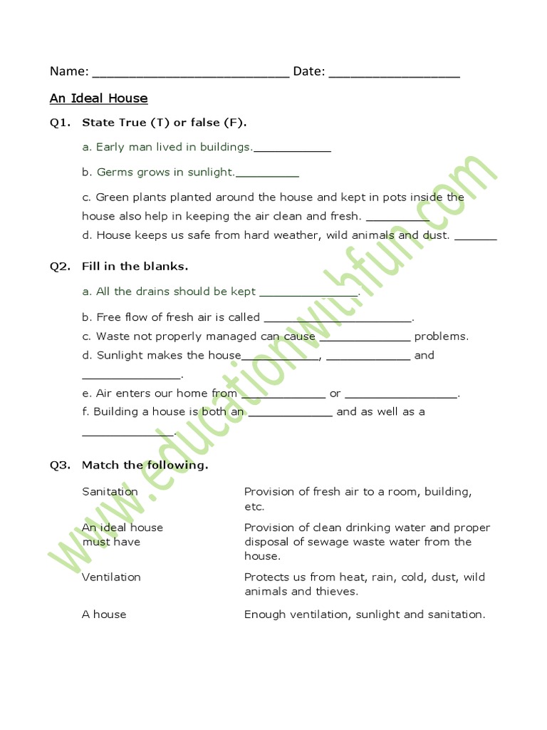 An Ideal House Worksheet 1 | PDF