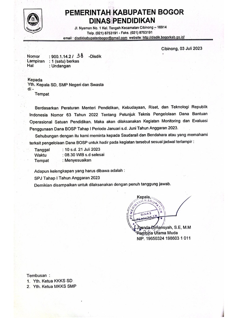 Surat Undangan Monev BOSP TH 2023 | PDF