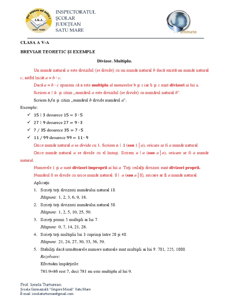 Clasa A V-A Breviar Teoretic Și Exemple Divizor. Multiplu.: C, Astfel ...