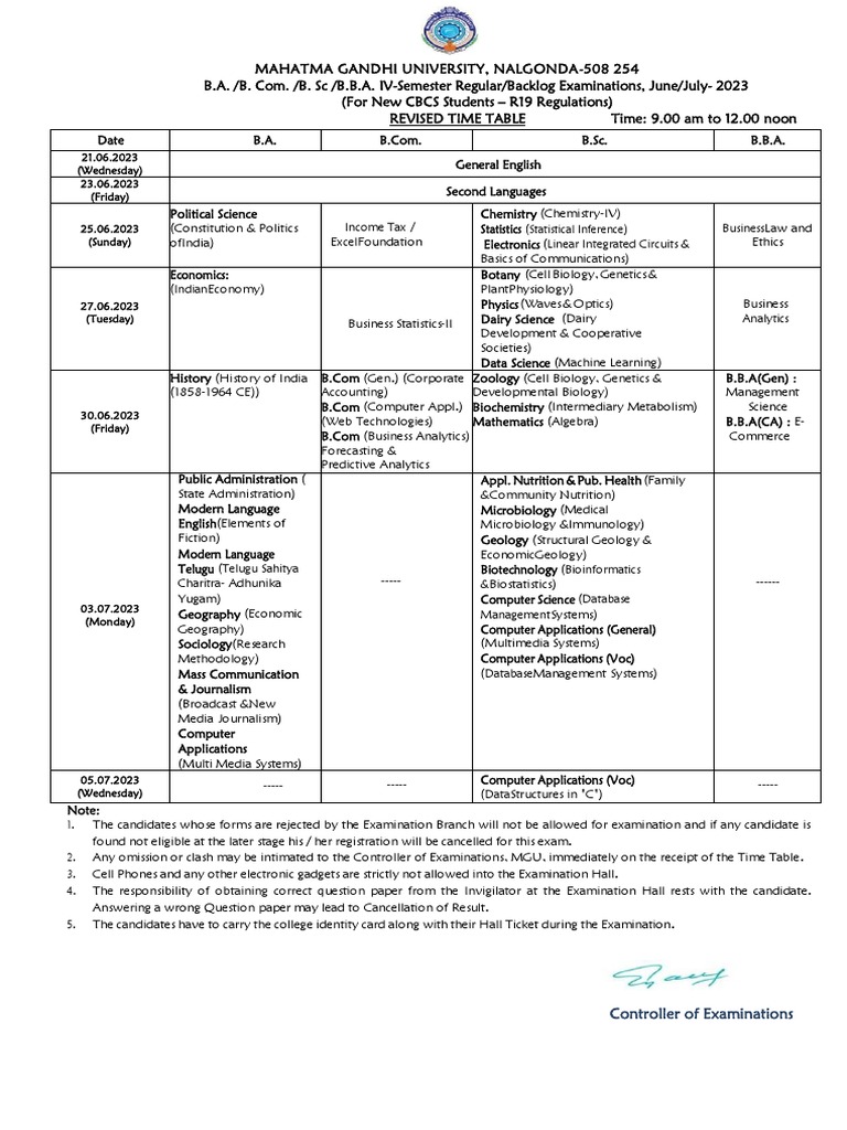 Ug IV & V Semesters Regular & Backlog Time-Table June-2023 | PDF | Zoology | Science