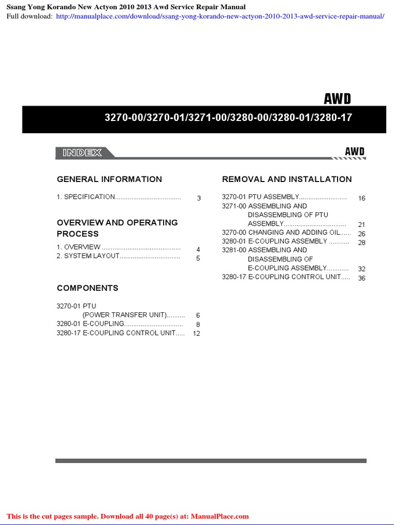 Ssang Yong Korando New Actyon 2010 2013 Awd Service Repair Manual | PDF | Four Wheel Drive ...