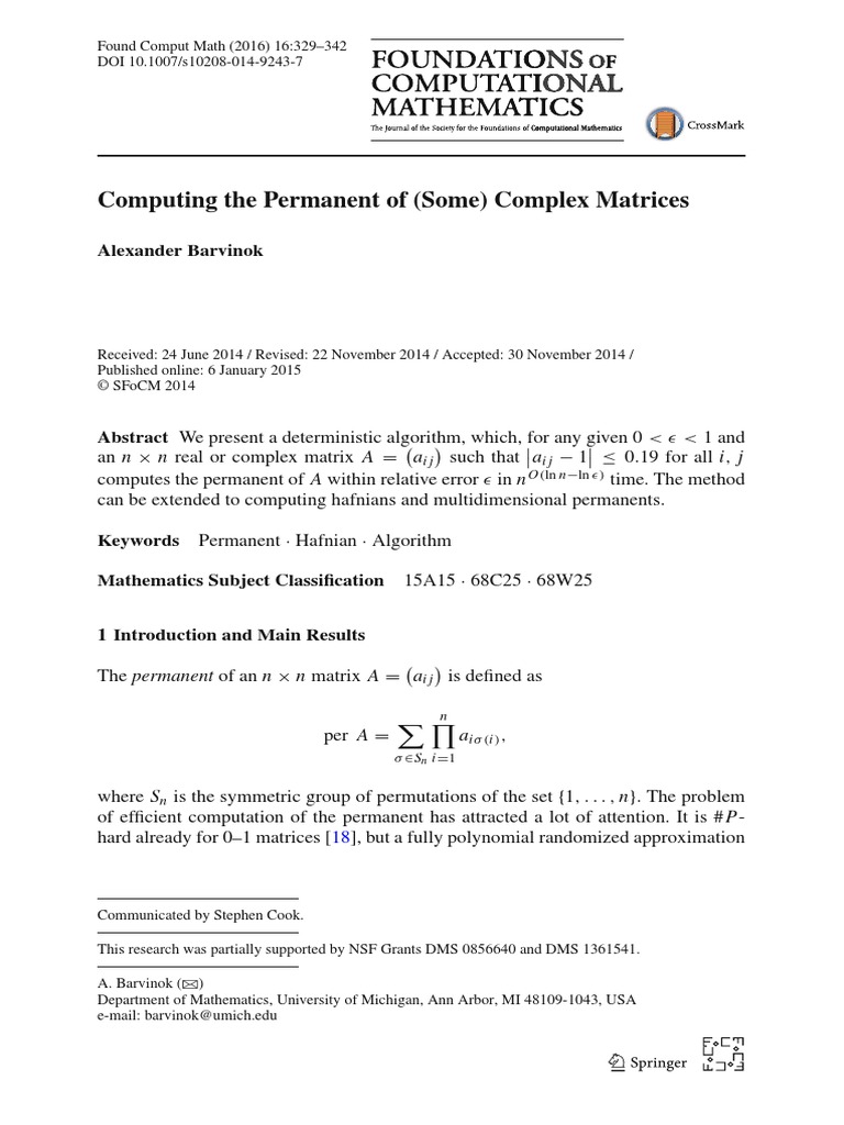 Computing The Permanent of (Some) Complex Matrices | PDF | Matrix (Mathematics) | Time Complexity