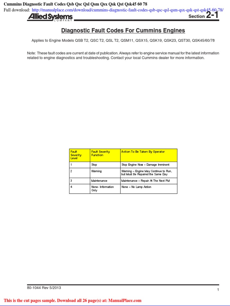 Cummins Diagnostic Fault Codes QSB QSC QSL QSM QSX QSK QST Qsk45!60!78 ...