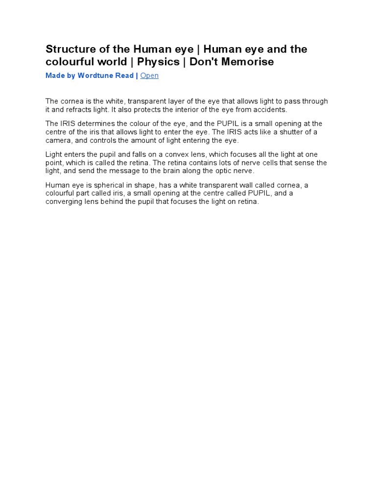 Structure of The Human Eye - Human Eye and The Col-WT - Summaries | PDF ...