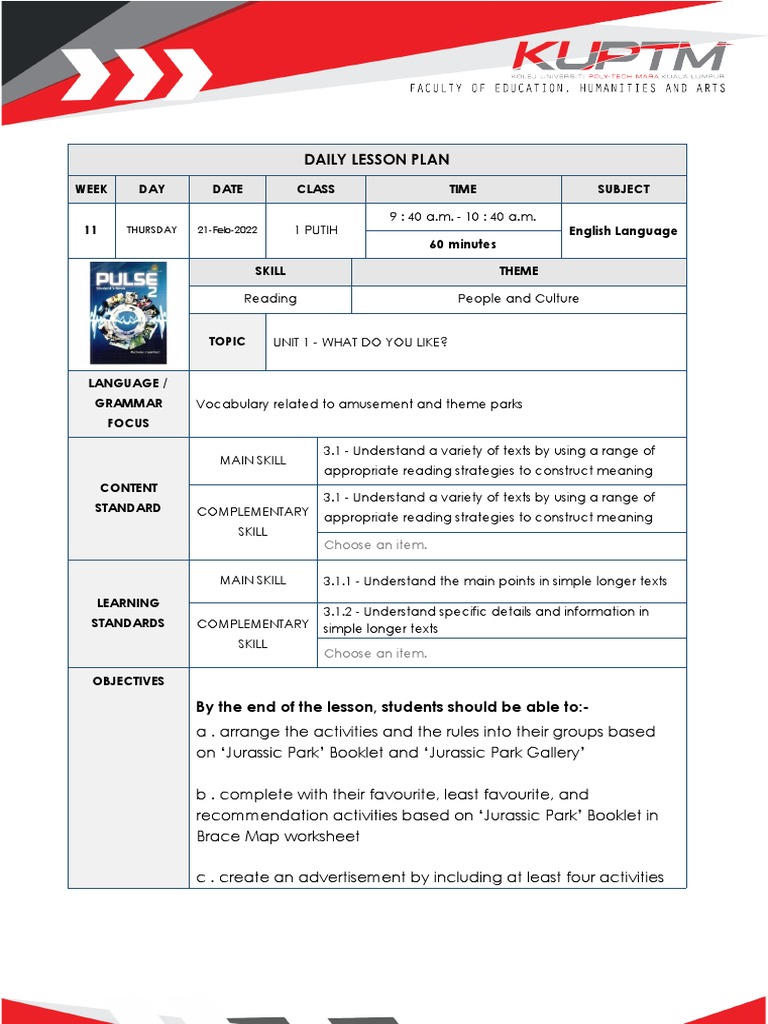 Form 1 Lesson Plan Kuptm | PDF | Lesson Plan | Linguistics