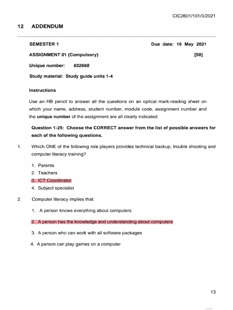 Ass 01 Possible Answers | PDF