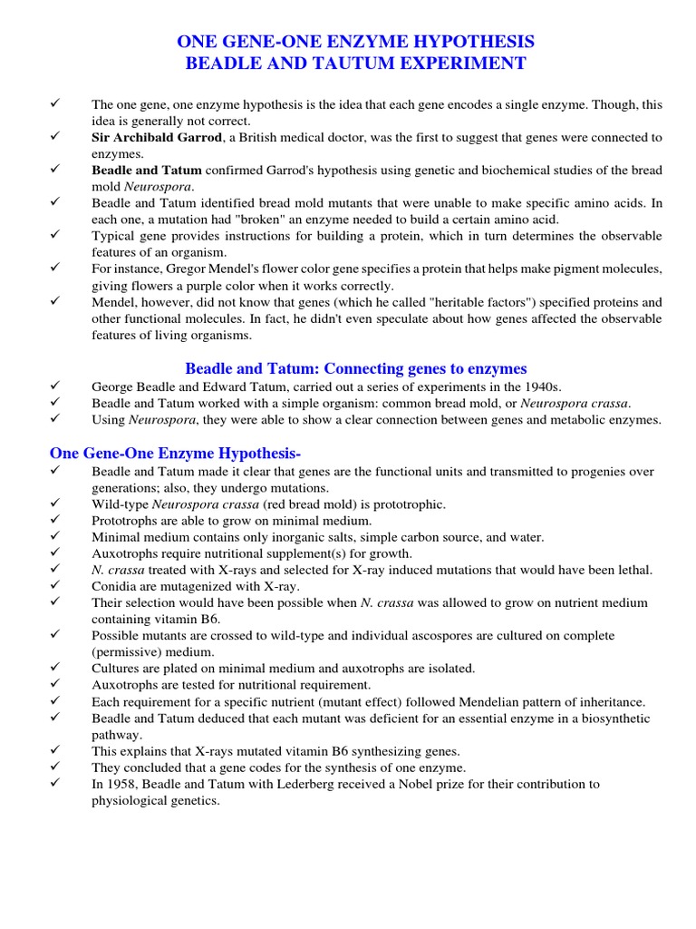 Lecture 1A - One Gene-One Enzyme Hypothesis | PDF | Gene | Chemistry