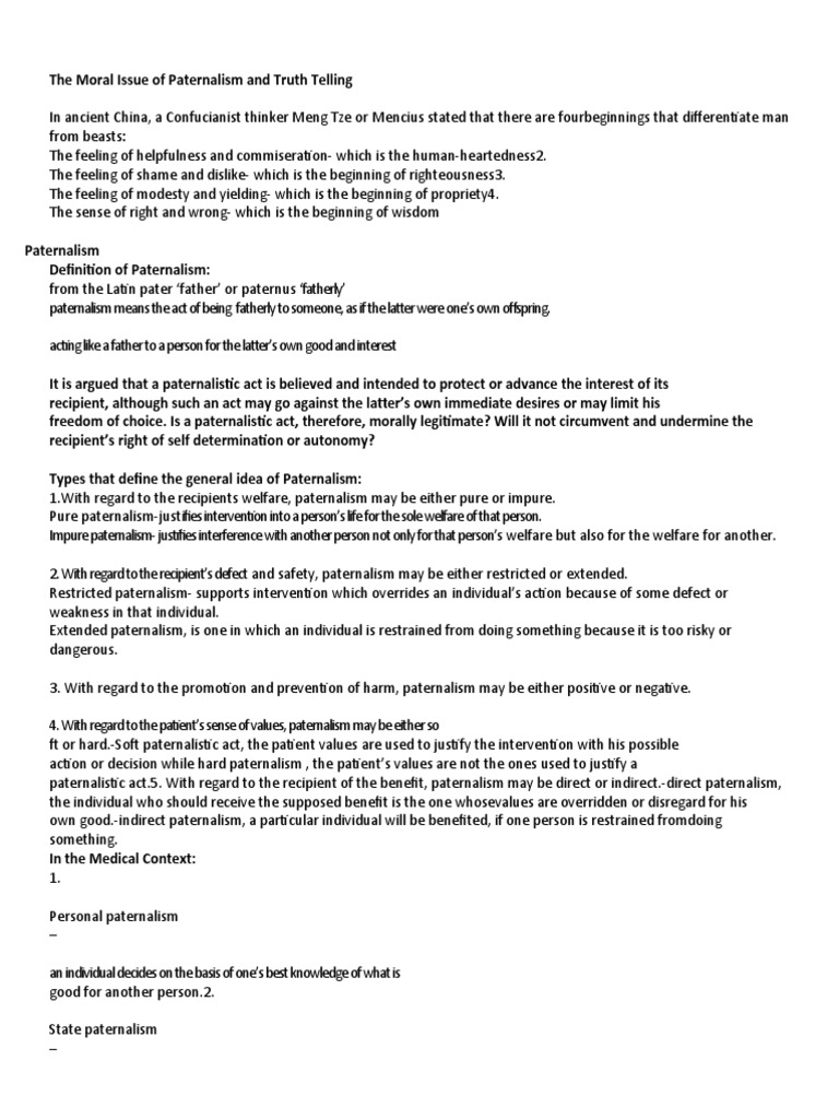 The Moral Issue of Paternalism and Truth Telling | PDF | Applied Ethics ...