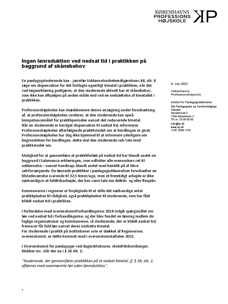 Info Til Praktiksted Om Løn Ved Nedsat Tid I Praktikken | PDF