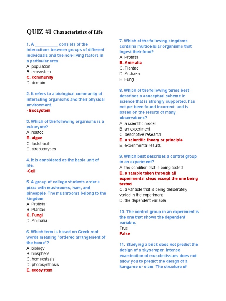 Quiz on Life Characteristics and Biology | PDF | Life | Organisms