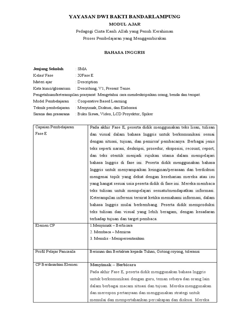 Yelly Shinta Laras Utami - Modul Yayasan - Kelas X - Bahasa Inggris | PDF