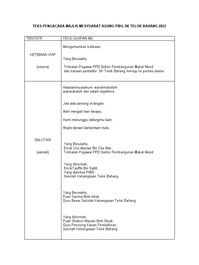 Teks Pengacara Majlis PIBG SK Teluk Bahang | PDF