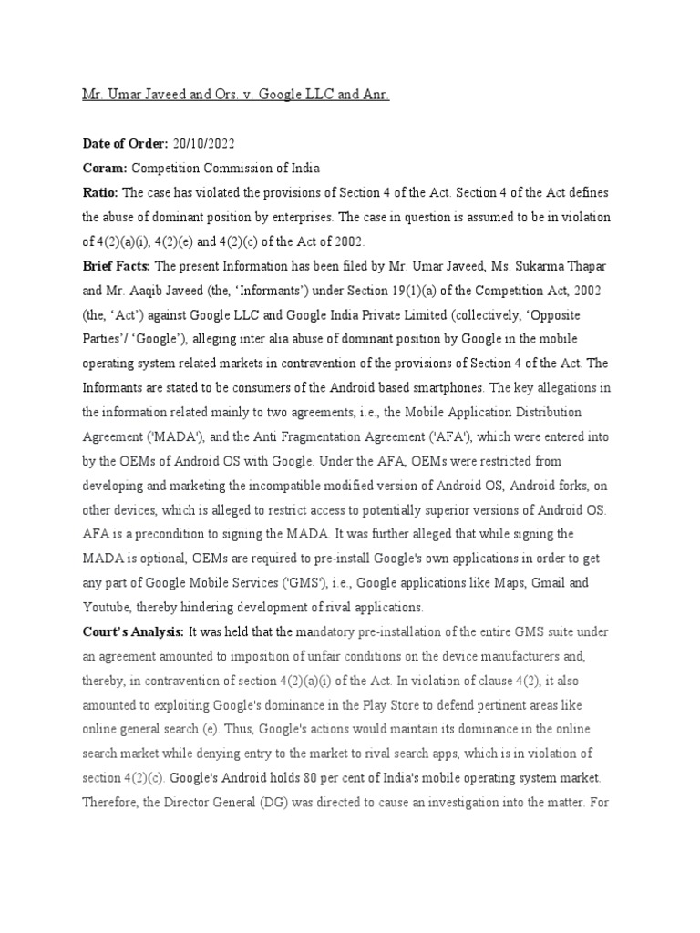 Competition Law Case Summary | PDF | Android (Operating System ...