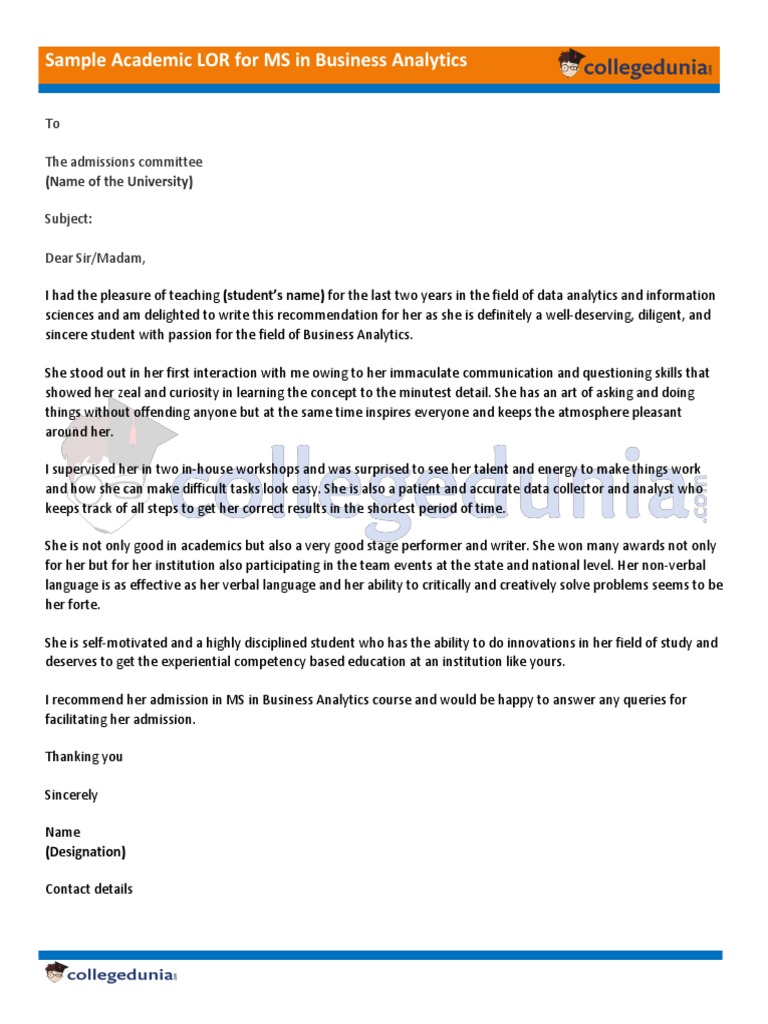 Sample Academic LOR For MS in Business Analytics: (Name of The University) | PDF