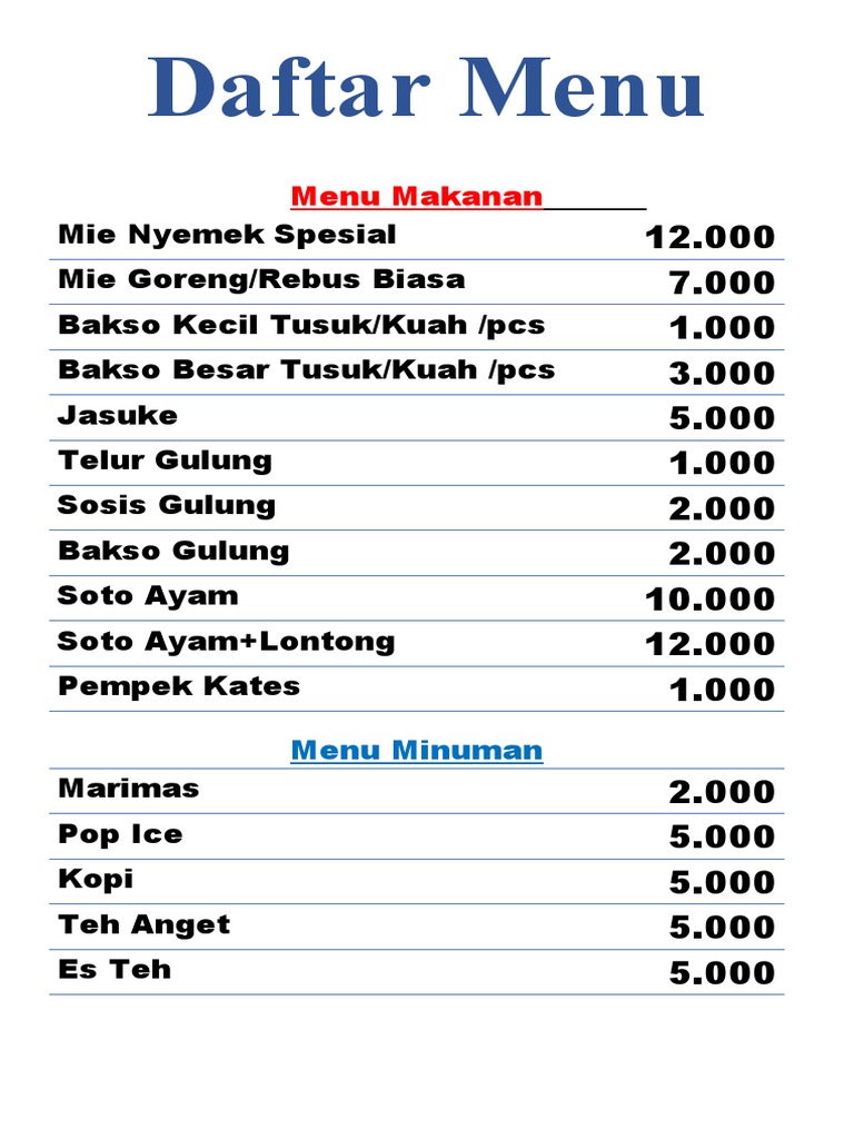 Daftar Menu Bakso Tusuk | PDF