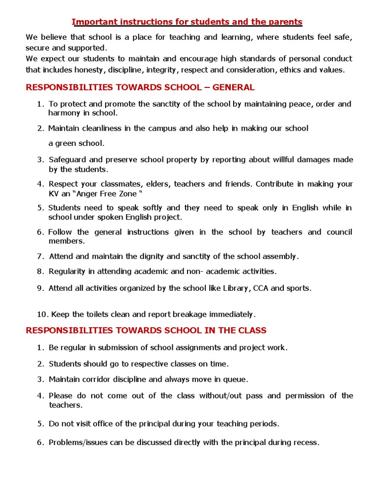 Important Instructions For Students and The Parents | PDF | Schools | Teachers