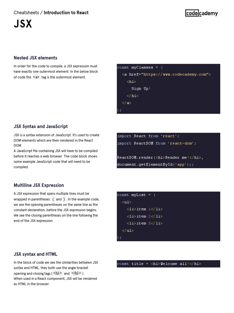 Introduction To React - JSX Cheatsheet | PDF | Java Script | Document Object Model