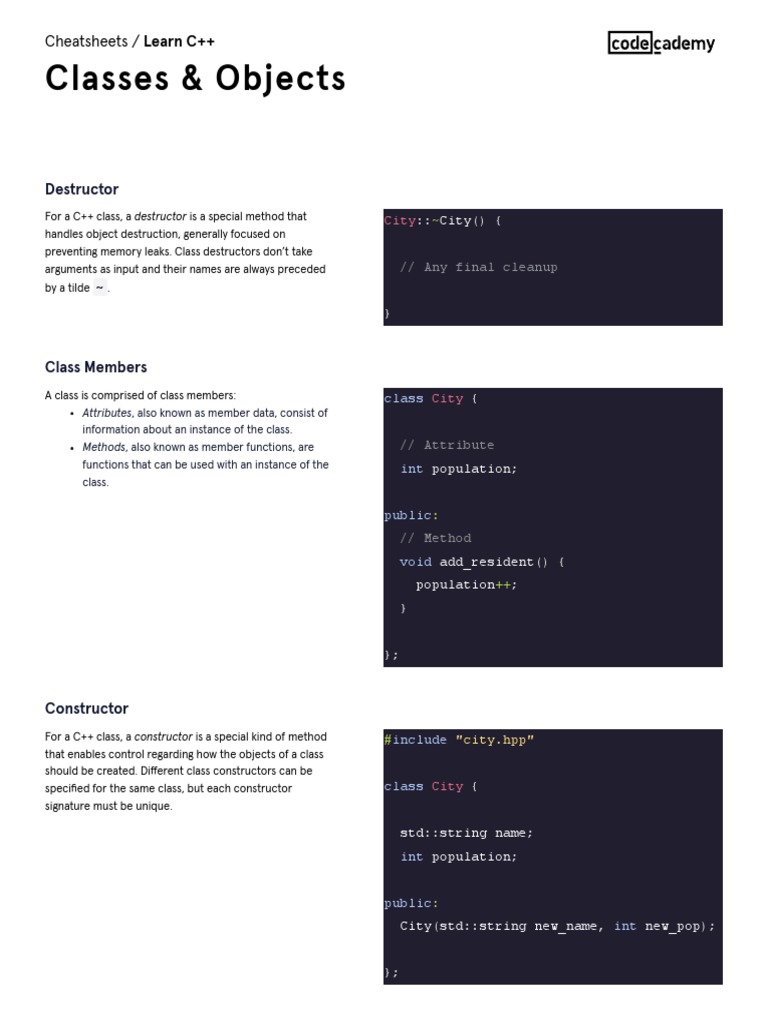 Learn C++ - Classes & Objects Cheatsheet - Codecademy | PDF | Class ... Learn C++ - Classes & Objects Cheatsheet - Codecademy | PDF | Class ...
