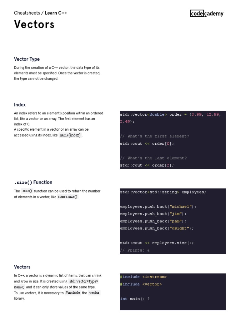 Learn C++ - Vectors Cheatsheet - Codecademy | PDF Learn C++ - Vectors Cheatsheet - Codecademy | PDF