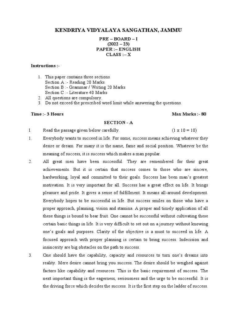 PB-1-Class-10-English-Set-1-Session 2022-23 QP | PDF | Ellipsis