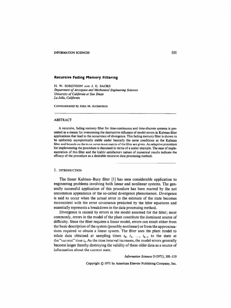 Sorenson - Recursive Fading Memory Filtering (1971) | PDF | Kalman ...