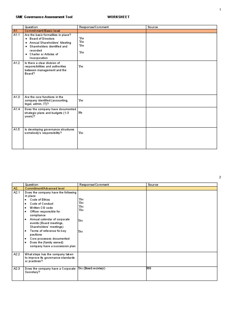 SME Governance Assessment Tool Worksheet: Response/Comment Source ...