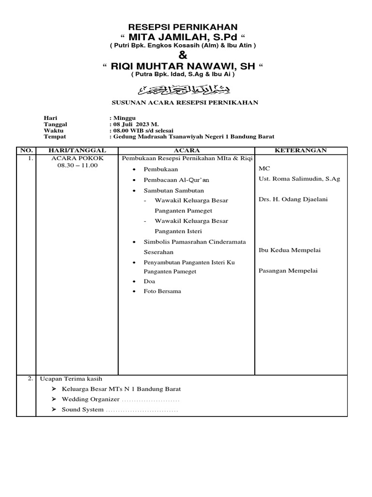 Susunan Acara Reepsi Pernikahan Mita&riqi | PDF