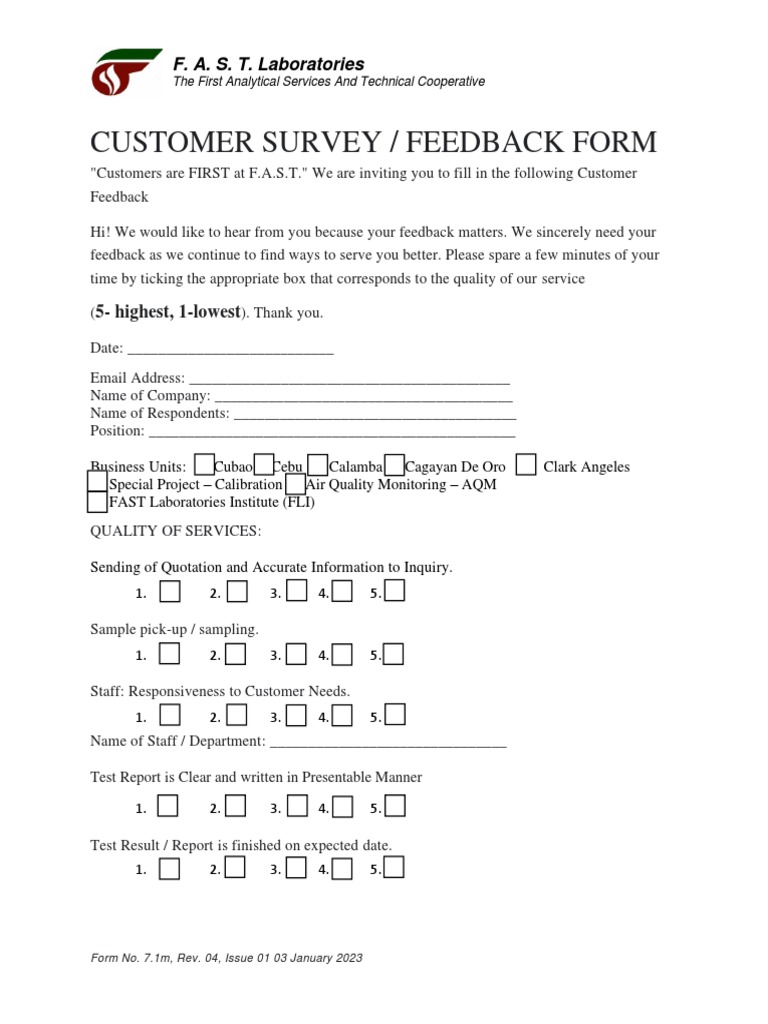 F.A.S.T. Laboratories Customer Feedback Form | PDF | Business