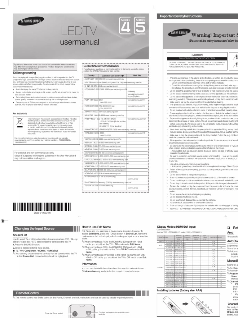 User Manual Samsung UA40F5000AR (English - 2 Pages) | PDF | Hdmi | Menu (Computing)